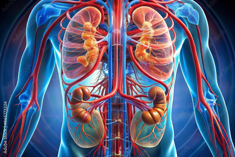 Detailed illustration of human kidneys, ureters, and bladder ...