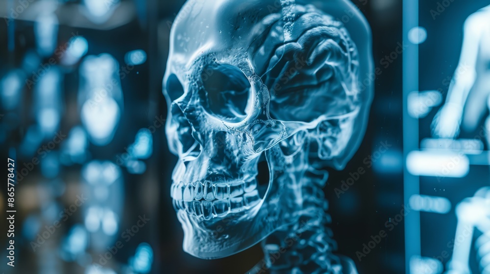A close-up of a human skull, rendered in a blue and white color palette ...