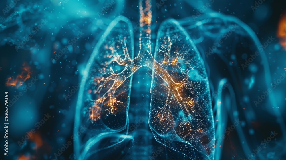 A stylized image of human lungs, emphasizing the complex network of ...