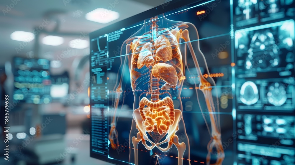 Digital medical illustration of human anatomy on a screen in a ...