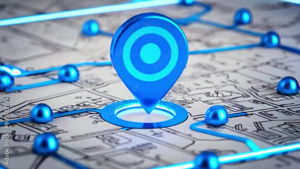 A blue map pin on a map with blue lines and silver spheres. Stock Video ...