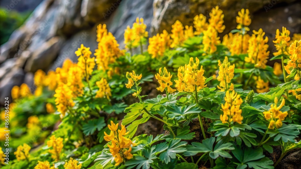 Vibrant yellow flowers of Corydalis flavula bloom in dense clusters ...