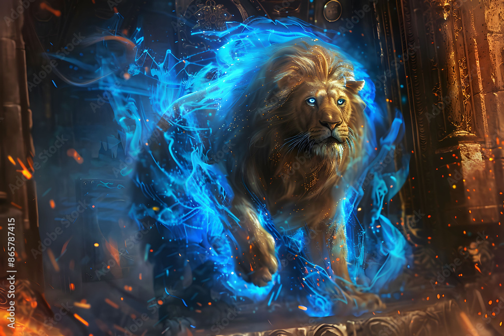 Majestic Fantasy Lions: Legendary Creatures in Gold and Blue Tones in ...