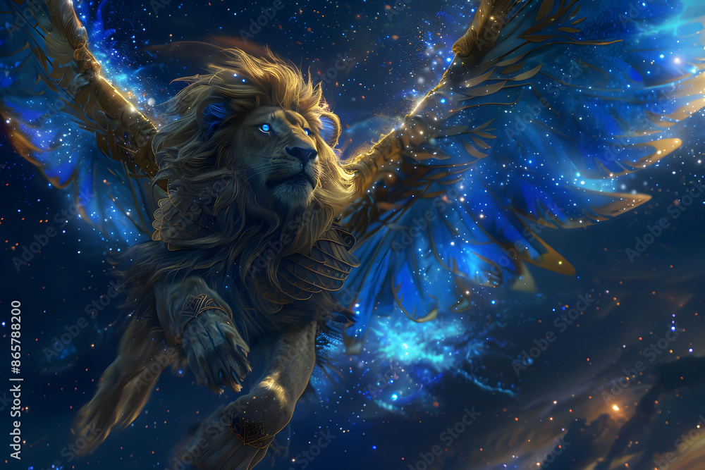 Majestic Fantasy Lions: Legendary Creatures in Gold and Blue Tones in ...