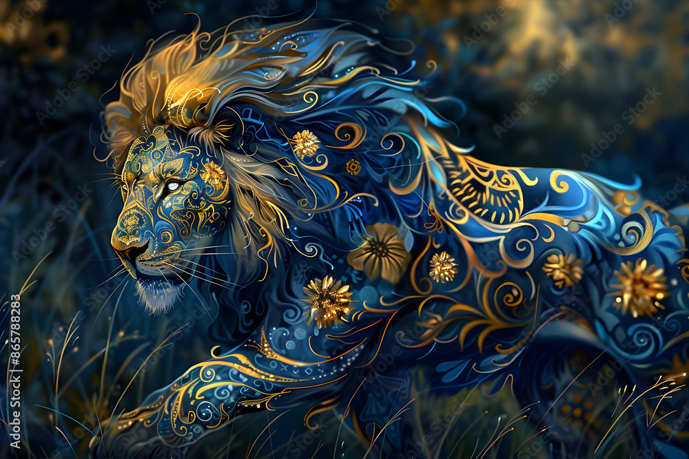 Majestic Fantasy Lions: Legendary Creatures in Gold and Blue Tones in ...