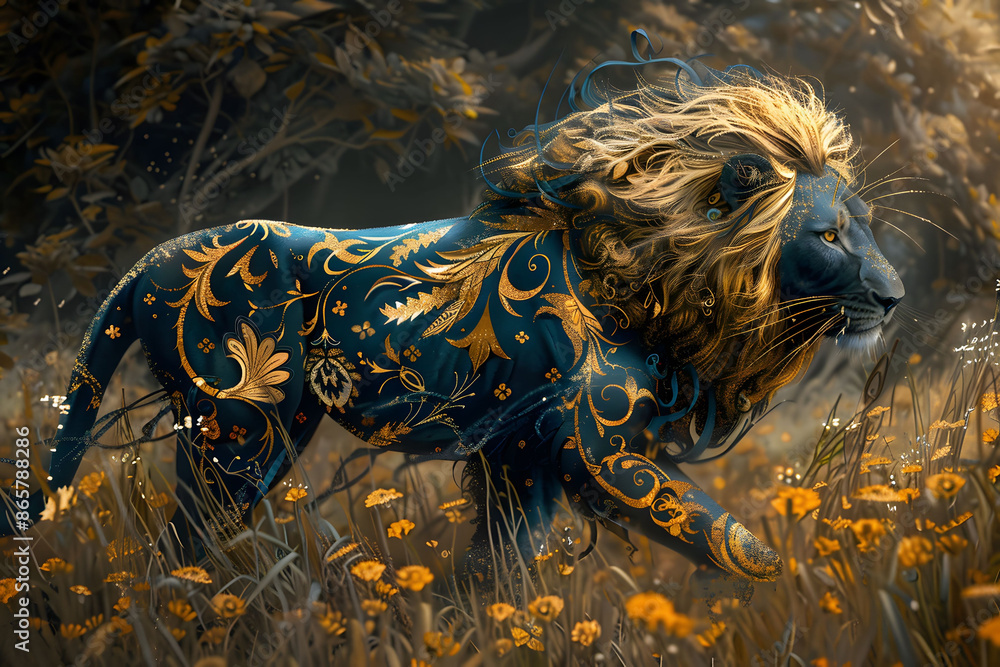 Majestic Fantasy Lions: Legendary Creatures in Gold and Blue Tones in ...