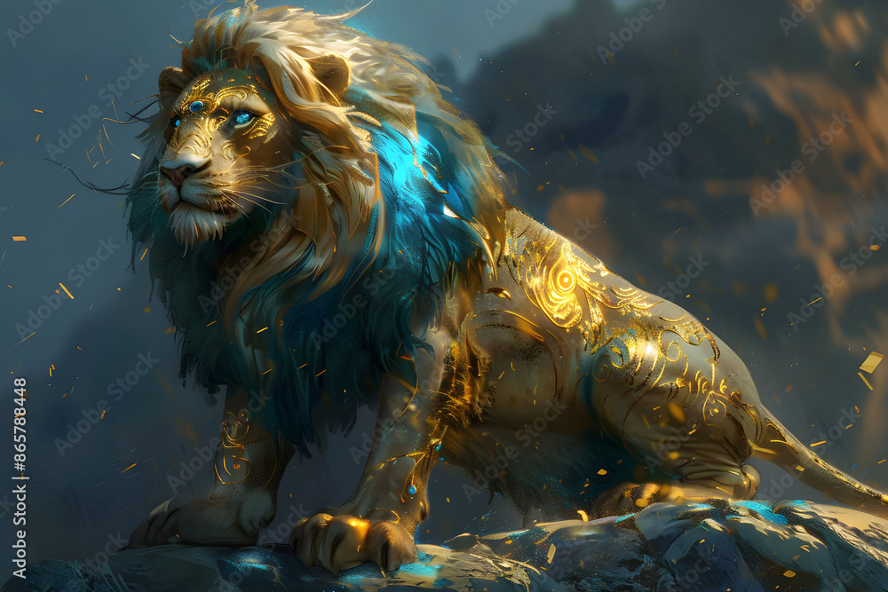 Majestic Fantasy Lions: Legendary Creatures in Gold and Blue Tones in ...