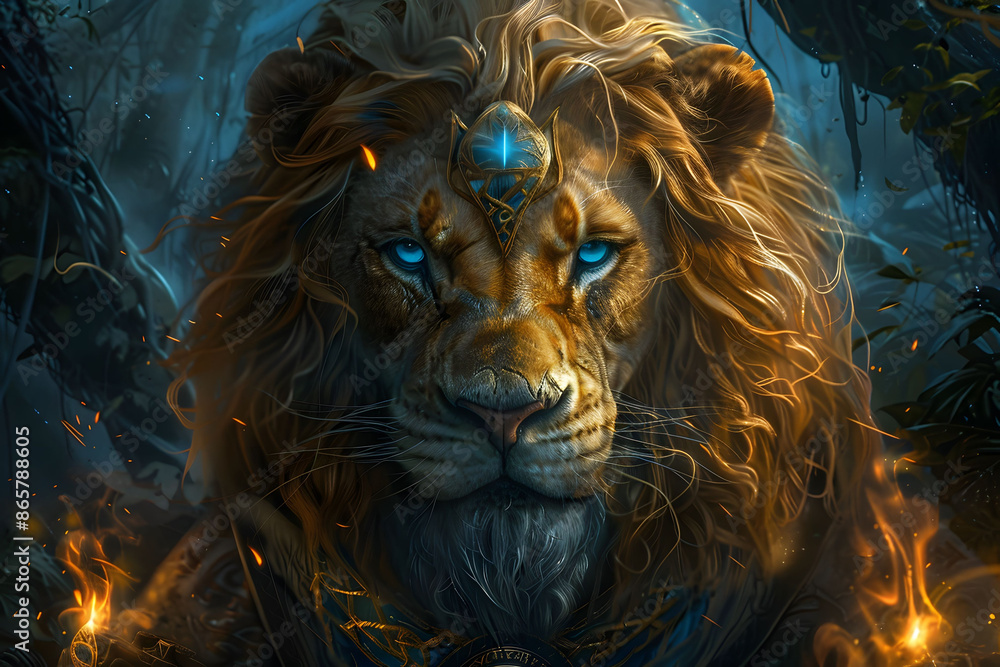 Majestic Fantasy Lions: Legendary Creatures in Gold and Blue Tones in ...