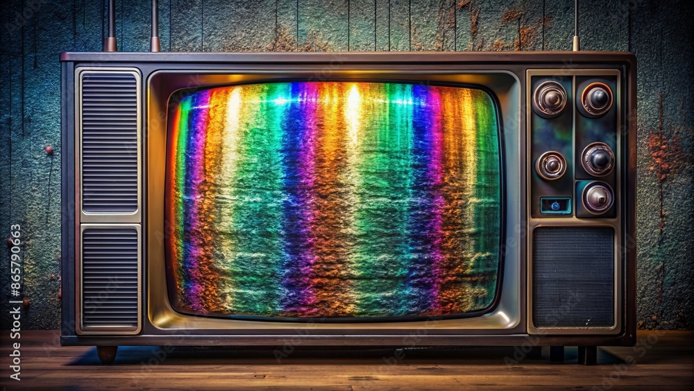 Distressed retro TV screen displays warped, multicolored static noise ...