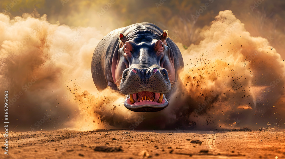 Powerful ferocious hippopotamus with gaping mouth charging across a dry ...