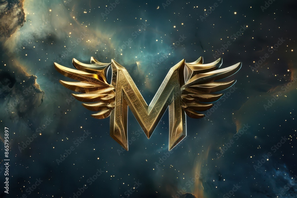 elegant gold and obsidian winged letter m logo 3d rendered with metallic sheen floating against ...