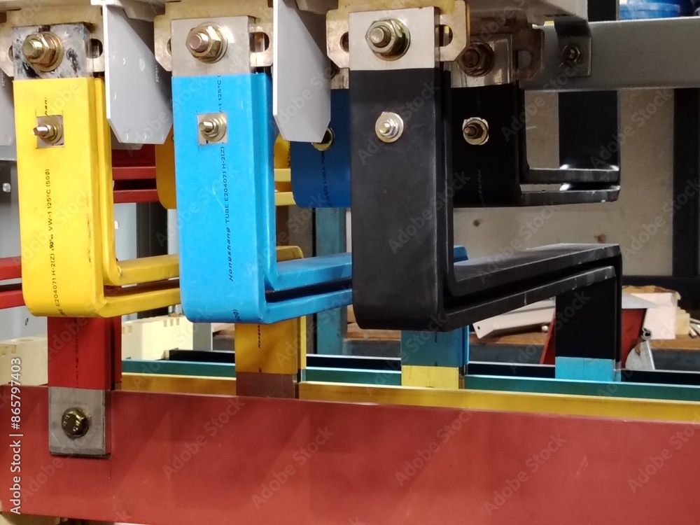 Image of three phase copper busbar connection in low voltage ...