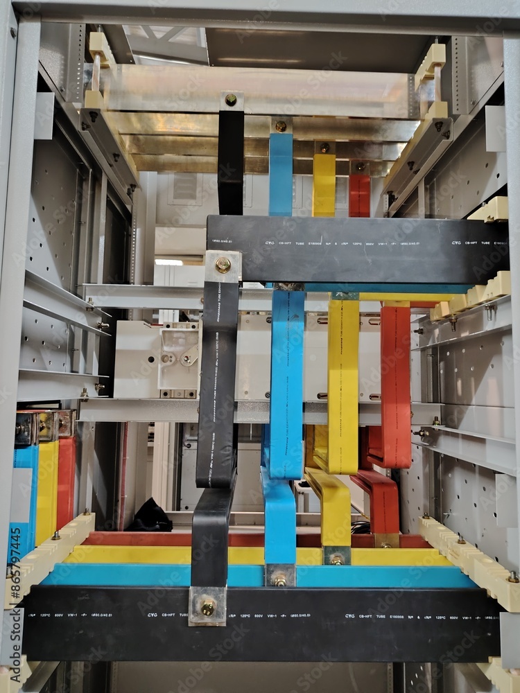 Image of three phase copper busbar connection in low voltage ...
