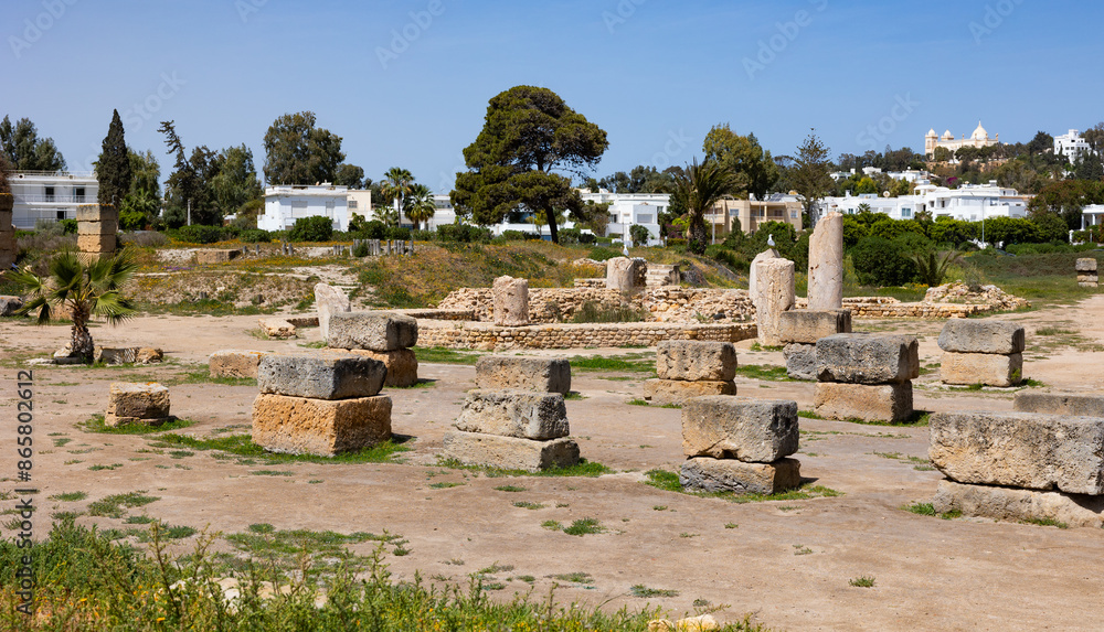 Scenic view of ruins of ancient Carthage Punic Ports with remains of ...