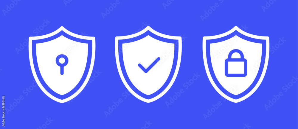 Security shield icons, security shields symbols with check mark, padlock and key hole. Safety ...
