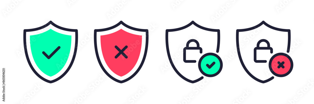 Security shield icons, security shields symbols with check mark and padlock. Safety shields icon ...
