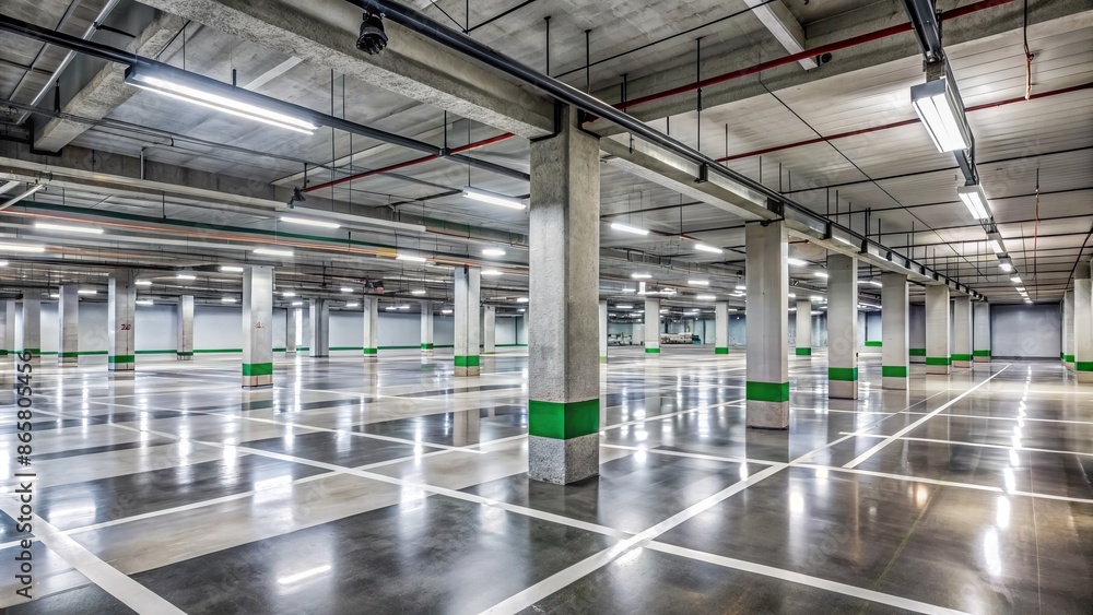 Sleek, modern, high-ceilinged concrete car park with rows of empty ...