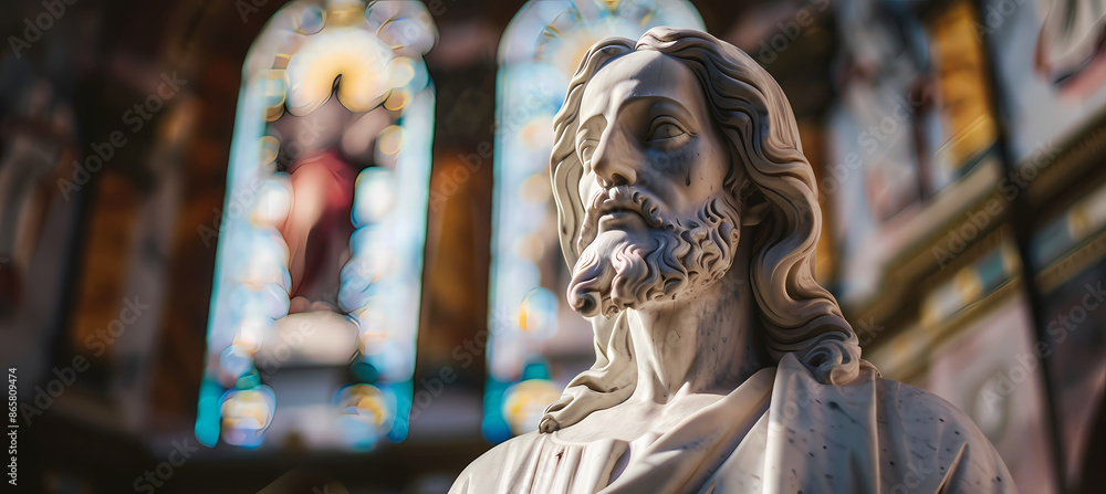 Jesus Christ. Statue of Jesus in a church, stained glass in background ...