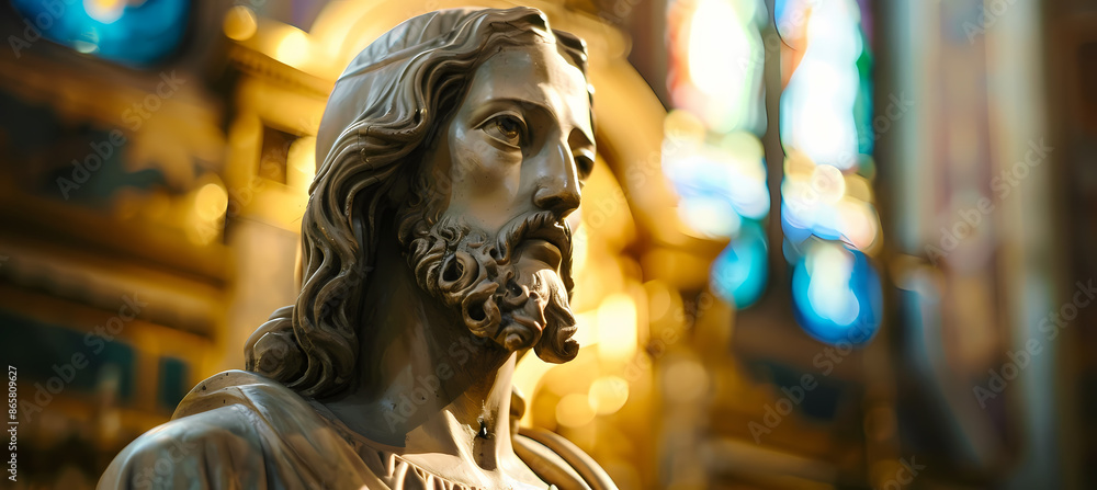 Jesus Christ. Statue of Jesus in a church, stained glass in background ...
