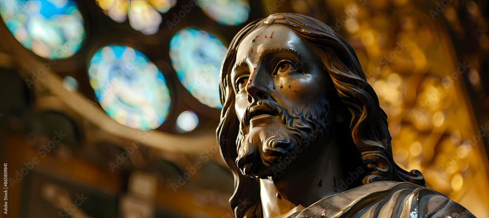 Jesus Christ. Statue of Jesus in a church, stained glass in background ...