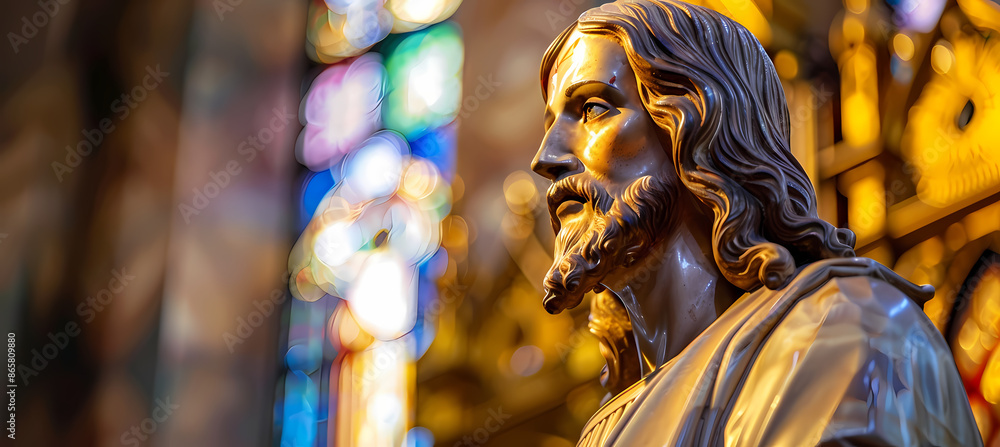 Jesus Christ. Statue of Jesus in a church, stained glass in background ...