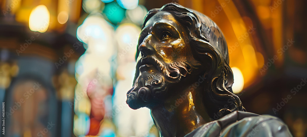 Jesus Christ. Statue of Jesus in a church, stained glass in background ...