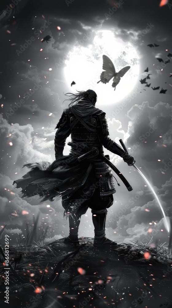 Enigmatic samurai standing under a full moon with a mystical butterfly ...