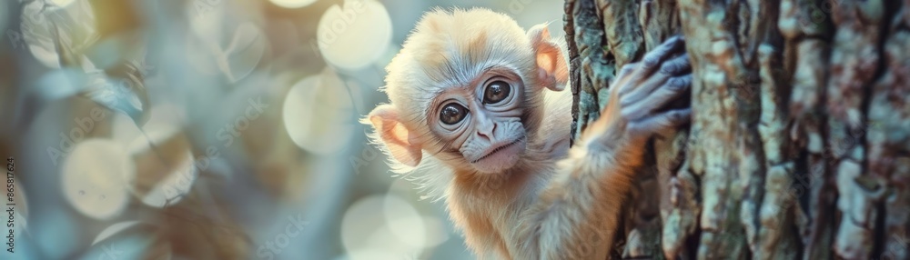 Adorable baby monkey peeking from behind a tree in a forest setting ...