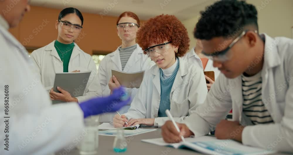 Teacher, students and science classroom with pipette for education ...