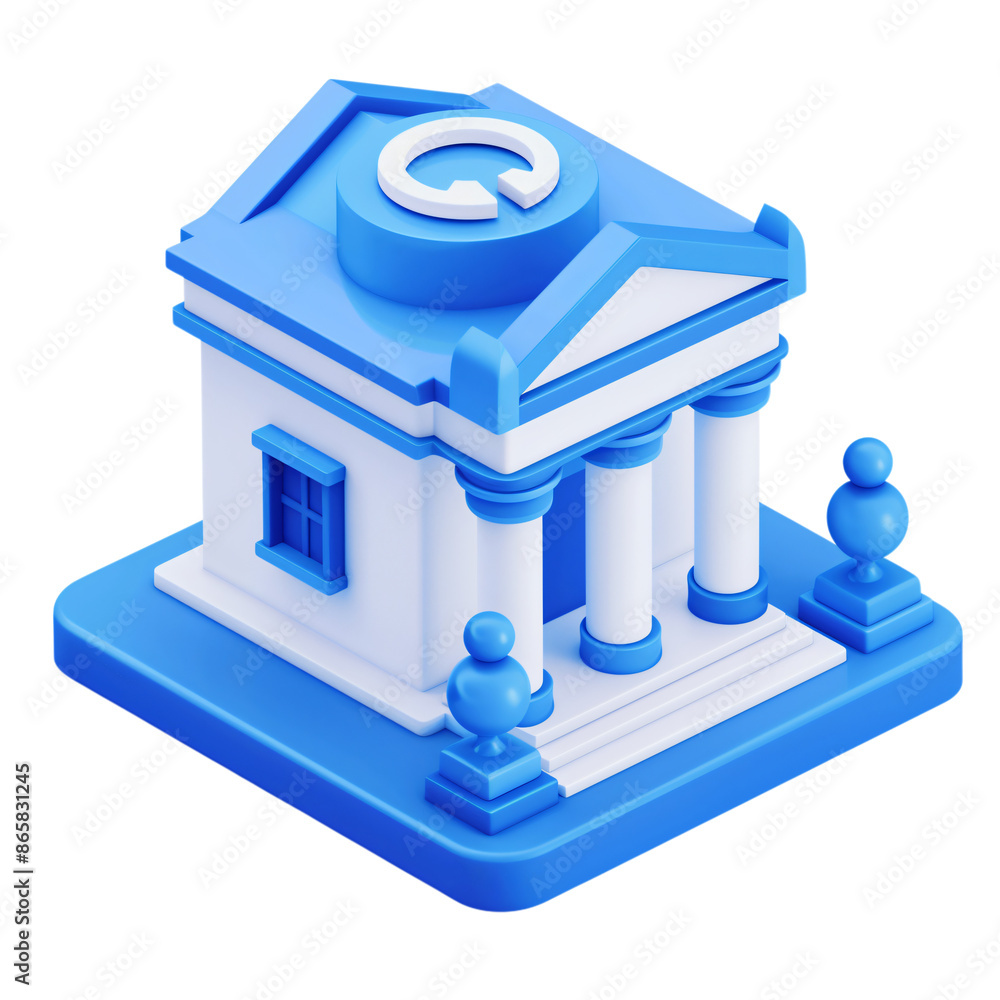 3d isometric icon of a blue bank building with pillars and a vault ...