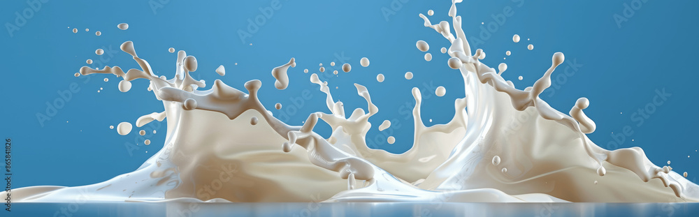 Creamy milk splash pouring liquid flow dairy products blue background ...