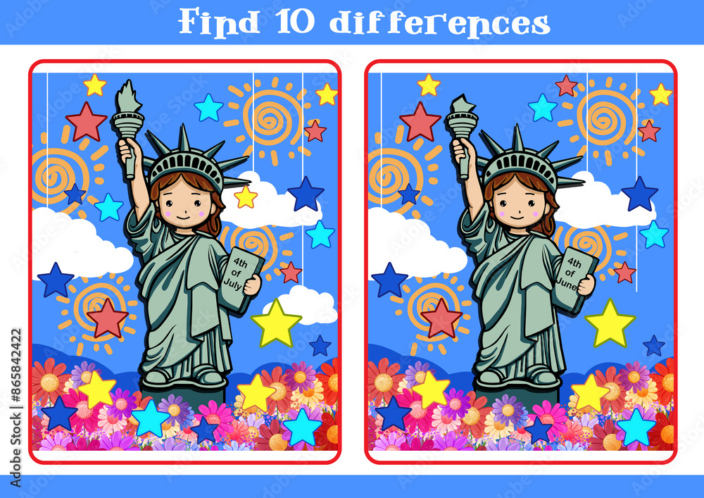 Find 10 differences, Happy 4th of July game for kids. Cute Statue of ...