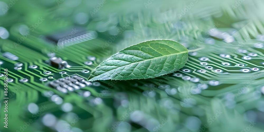 Computer circuit board with green leaf symbolizes sustainable ...