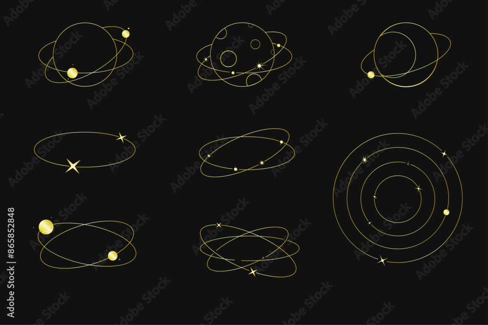 Geometry shapes with stars, planets and galaxies. Celestial forms logo ...