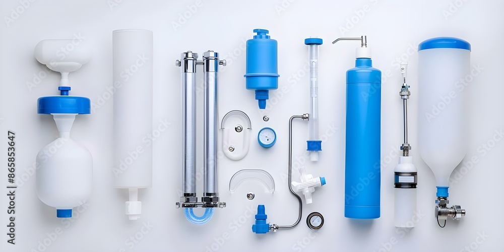 Blue and white water filter system with different parts and functions ...