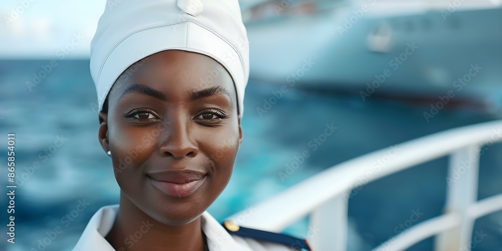 An African woman in cruise ship staff uniform as boat service crew ...