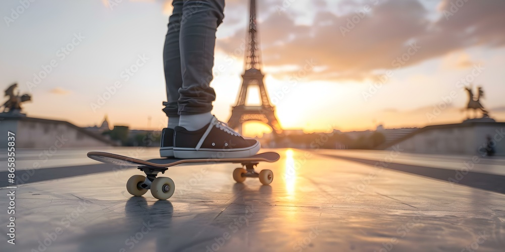 Skateboarder near Eiffel Tower in Paris showcases vibrant street sports ...