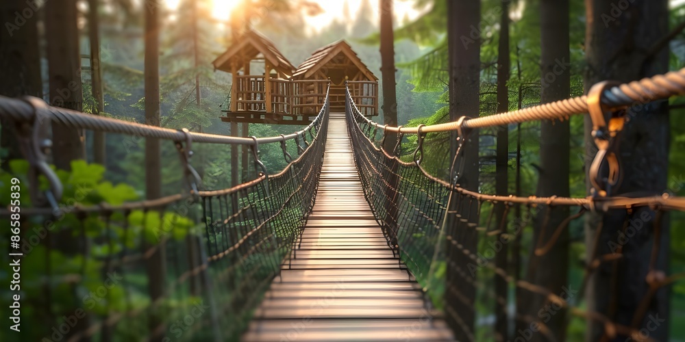 Treehouse village connected by suspended bridges and ziplines in forest ...