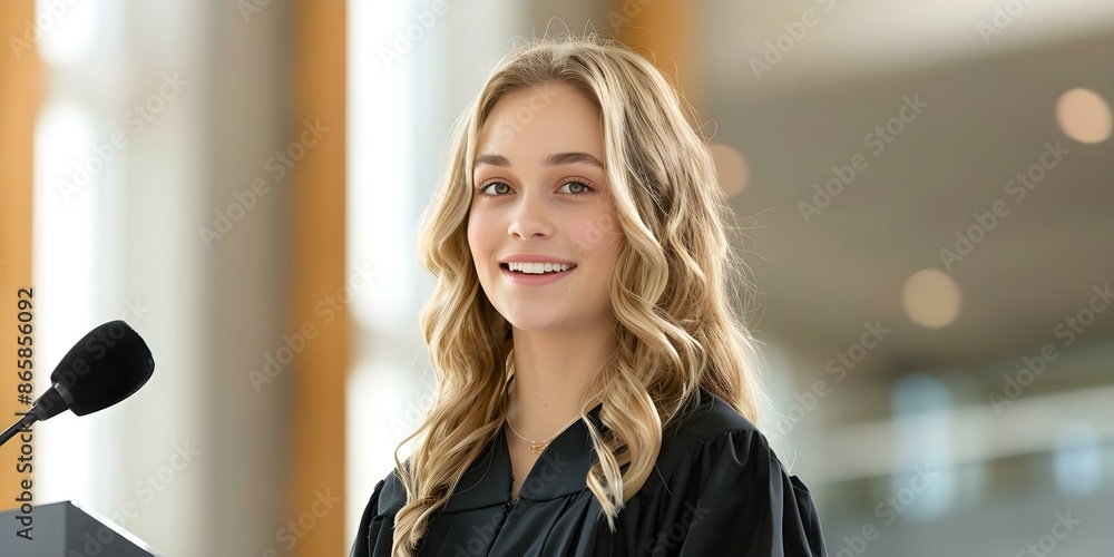 Young valedictorian woman in graduation gown giving speech to fellow ...