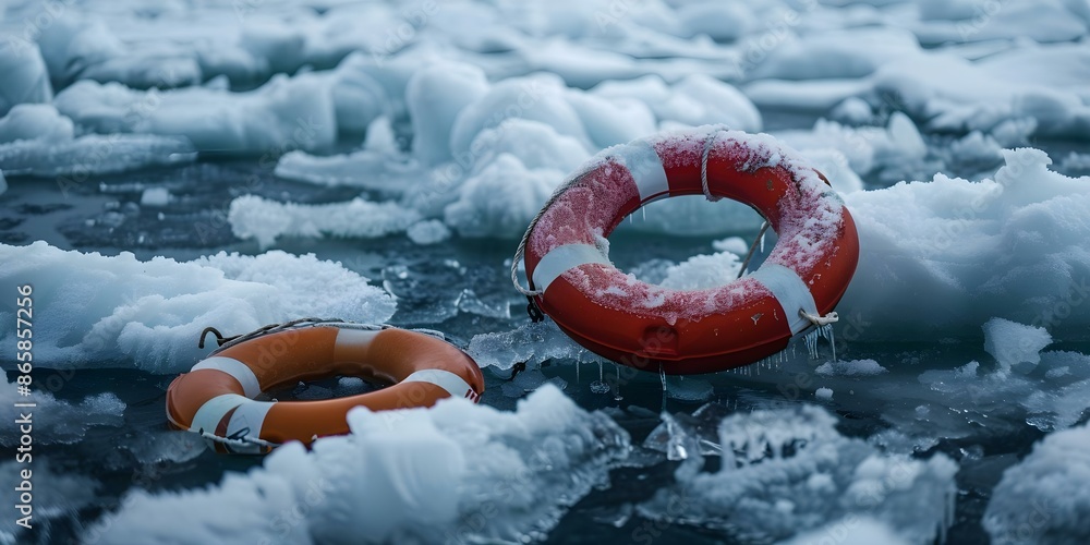 Life buoy in frozen ocean with SOS message climate change concept ...