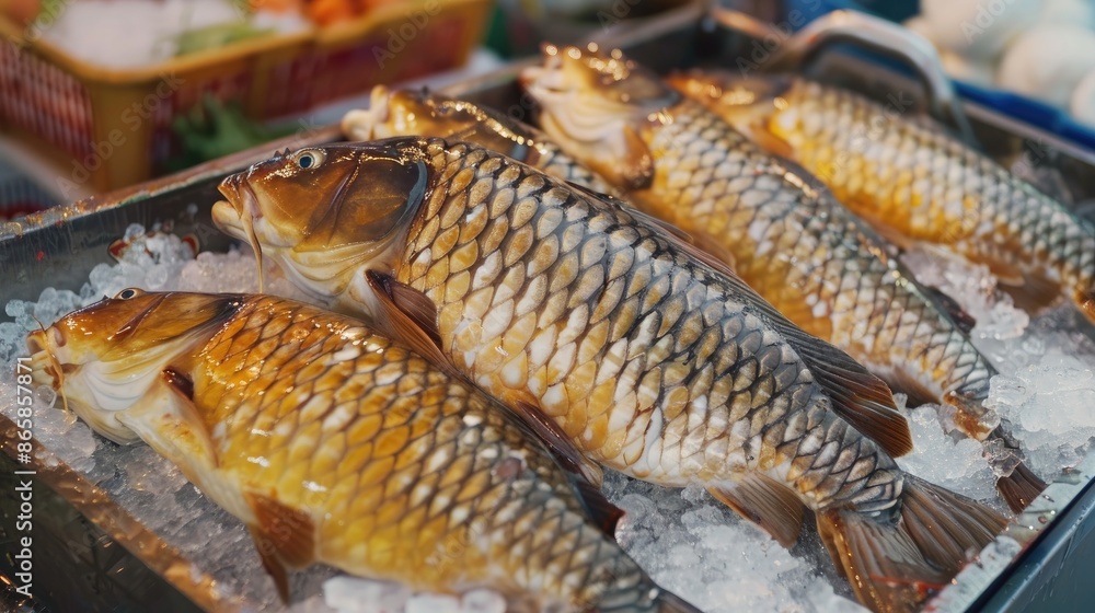 Freshly caught catla rohu carp fish available at Asian fish market in ...