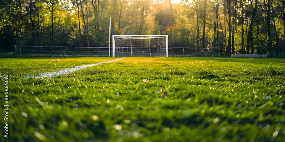 Soccer field with green grass goal posts and corner flags. Concept ...
