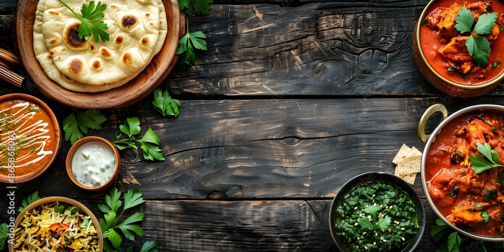 Indian cuisine assortment on dark wood background curry butter chicken ...
