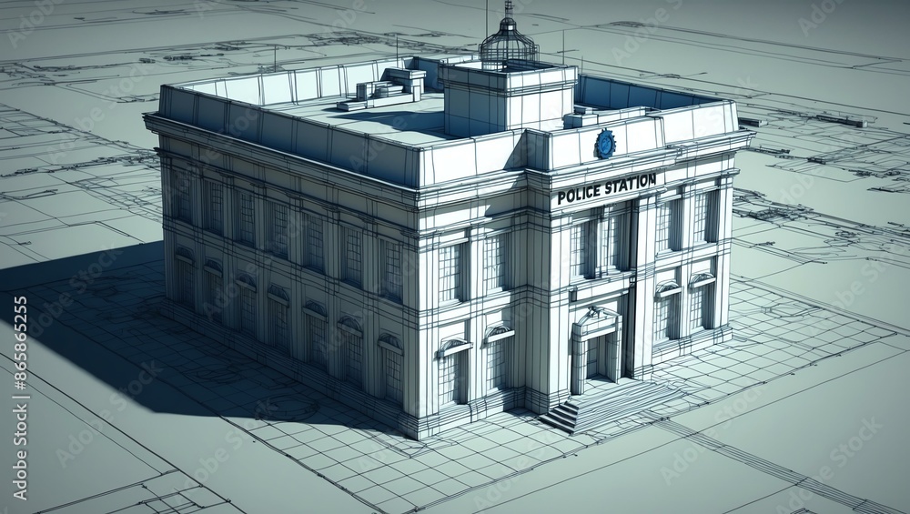 3d wireframe render of a police station architecture a background Stock ...