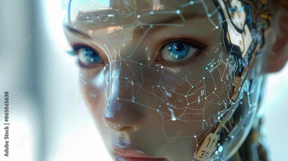 hyperrealistic female android with sleek metallic skin expressive blue ...