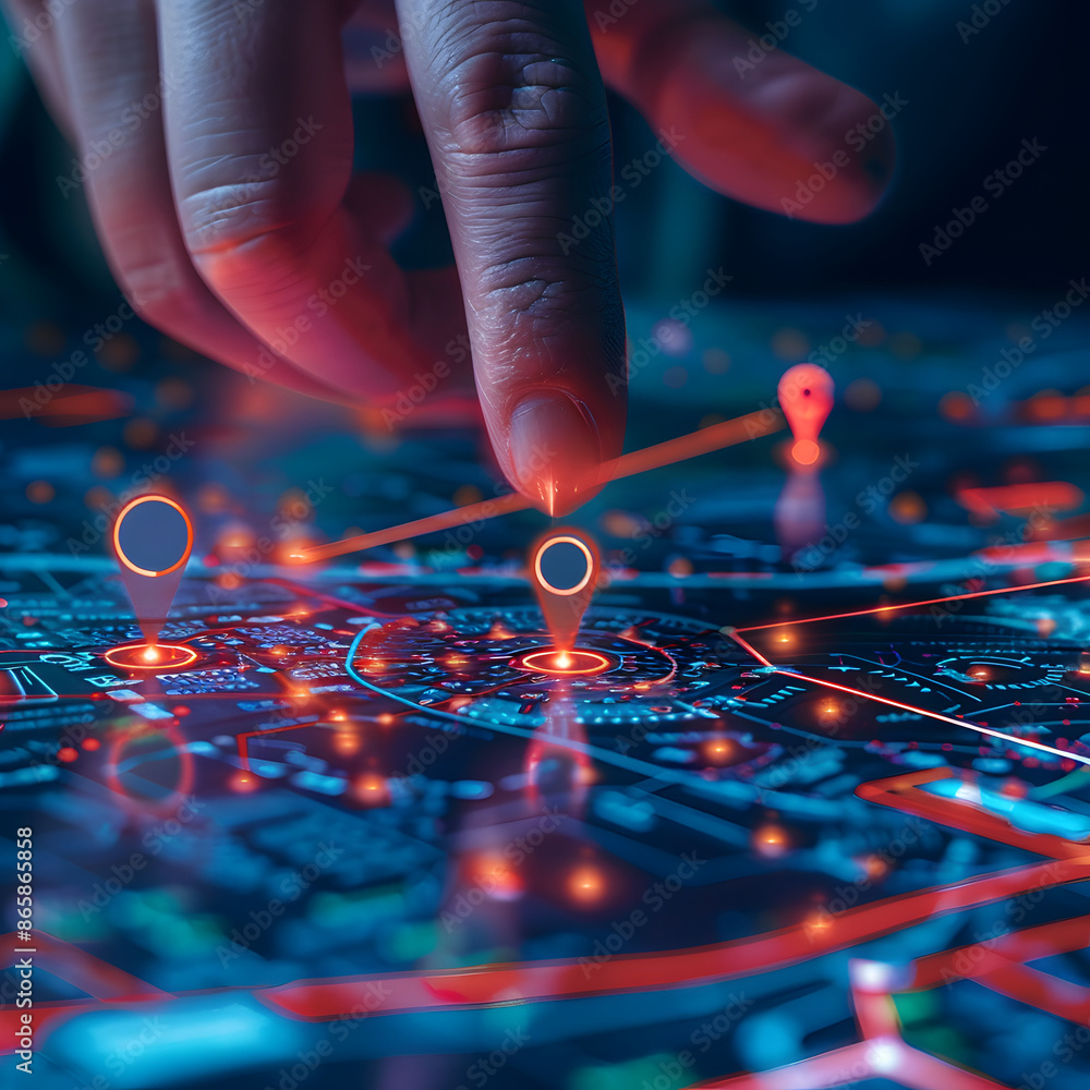 close up of a hand holding a needle on the map，Electronic map concept，A ...
