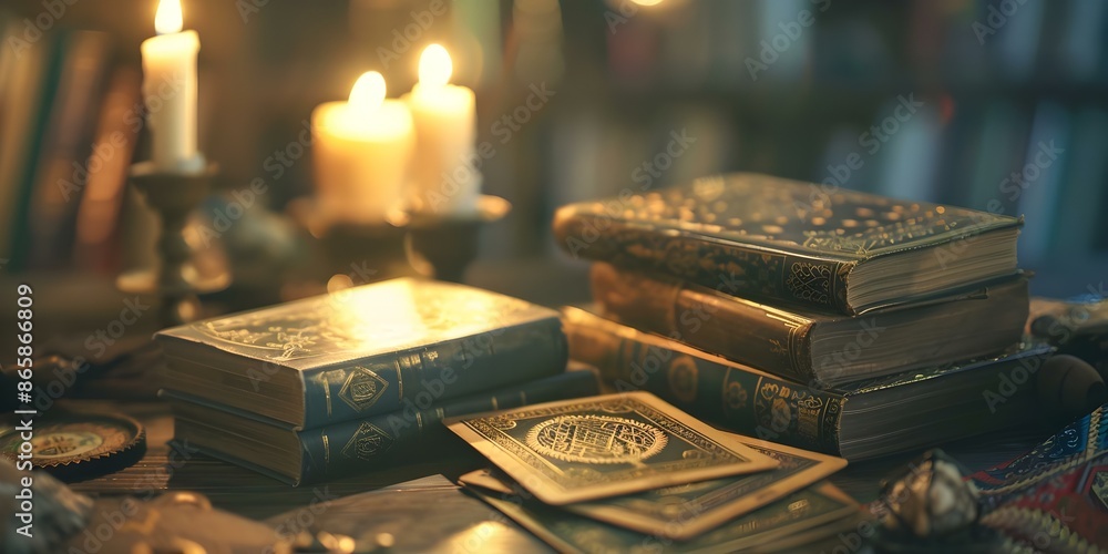 Vintagestyle tarot reading in dim light with esoteric occult themes ...