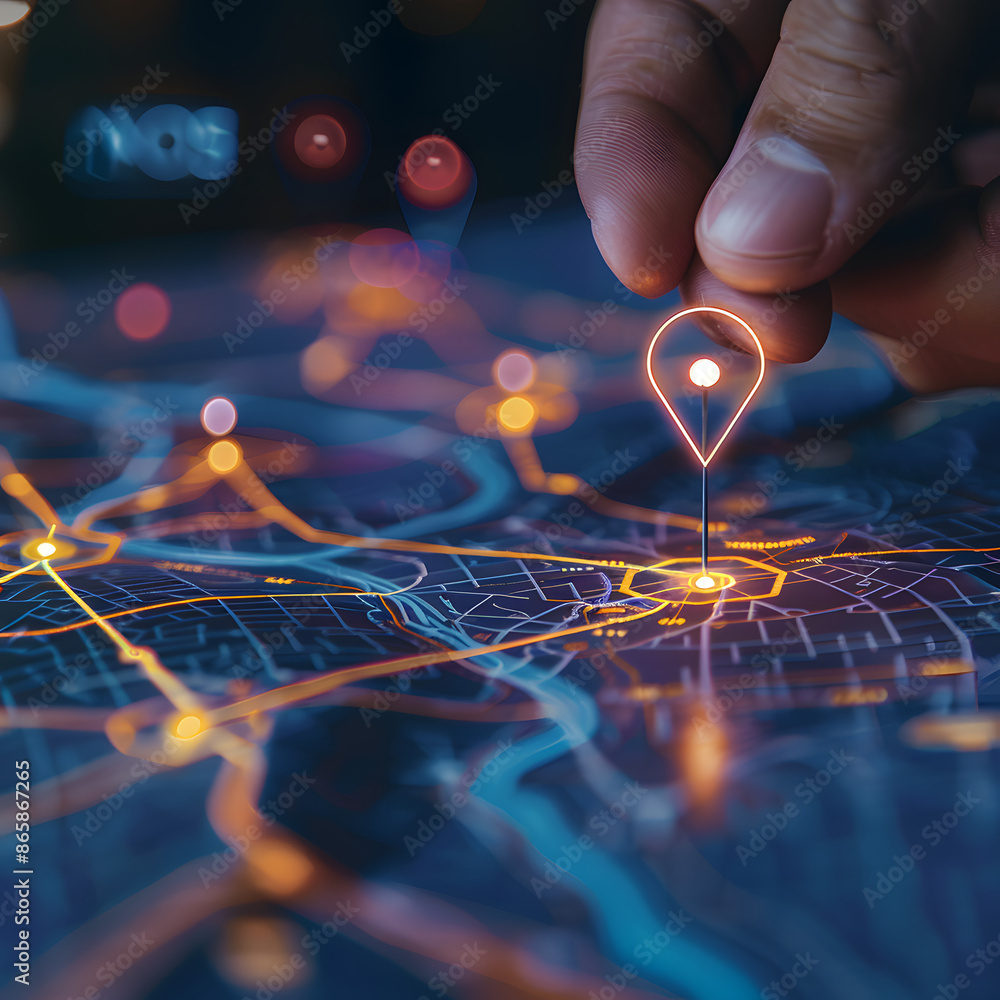 close up of a hand holding a needle on the map，Electronic map concept，A ...