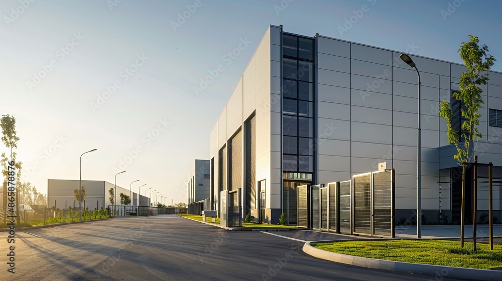 Exterior of a modern factory, futuristic look with sleek lines and ...