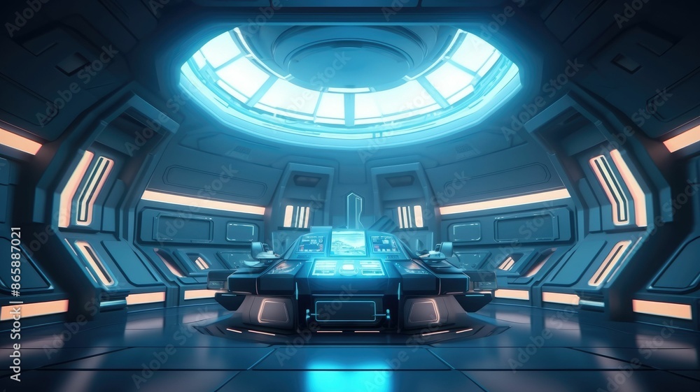 Futuristic spaceship interior with blue. Sci-fi control room concept ...